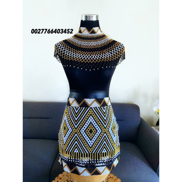 Beaded necklace and apron combo in white, gold and black - Zulubeads Ada